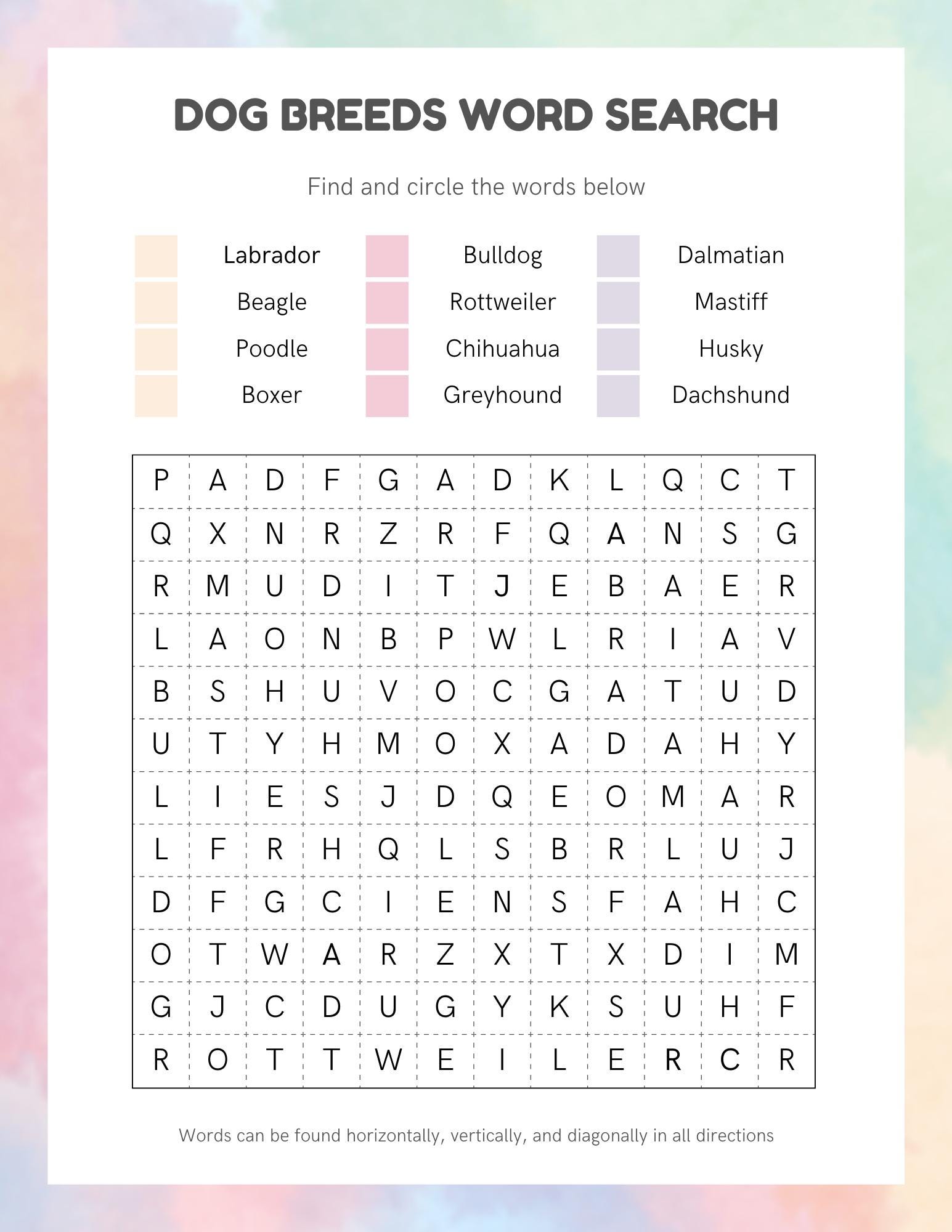 Dog Breeds Word Search Printable - Etsy