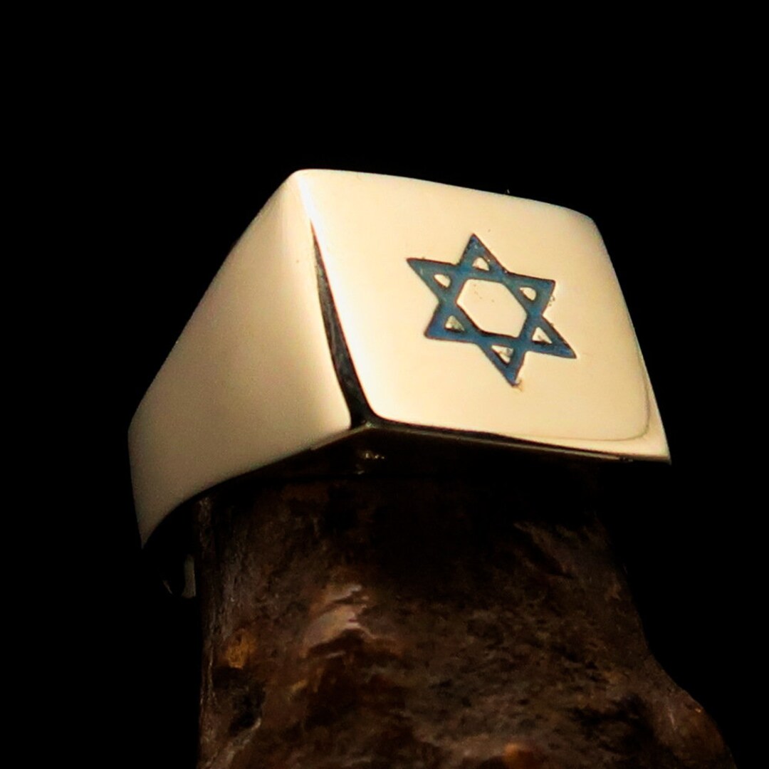 Square Blue Star of David Ring - Modern Hebrew Brass Pinky Ring for Men ...
