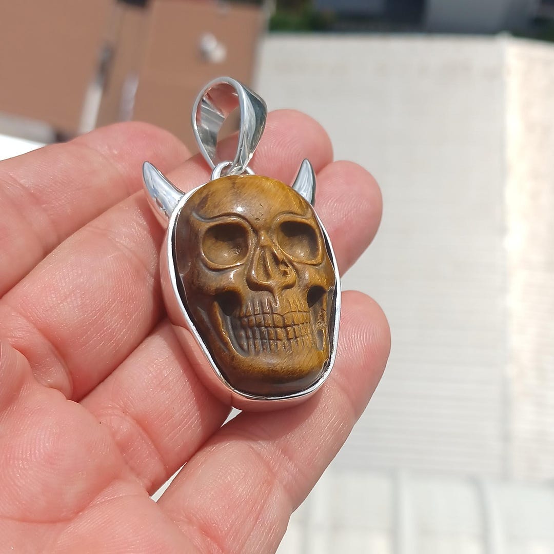 Skull Silver Necklace, Unique Devil Face Pendant With Tiger's Eye Stone ...