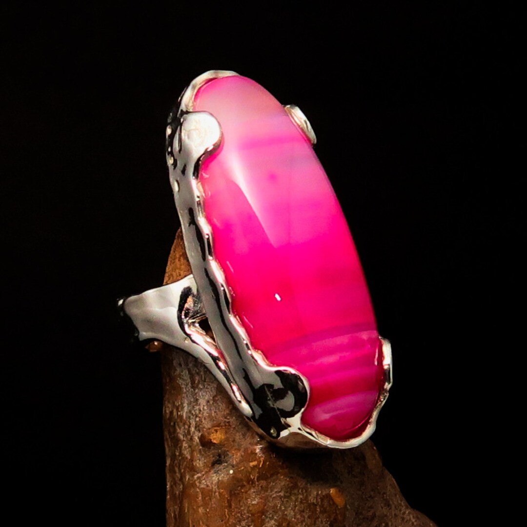 Long Sterling Silver Artwork Ring With Oval Pink Agate - Etsy