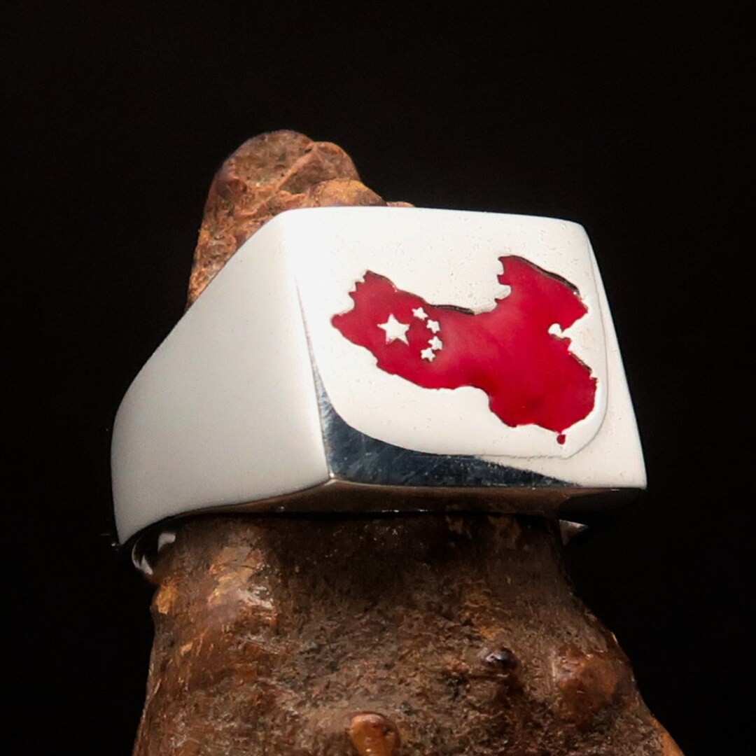Chinese Flag Ring, Square Shaped Ring, Sterling Silver Ring, Pinky Ring ...