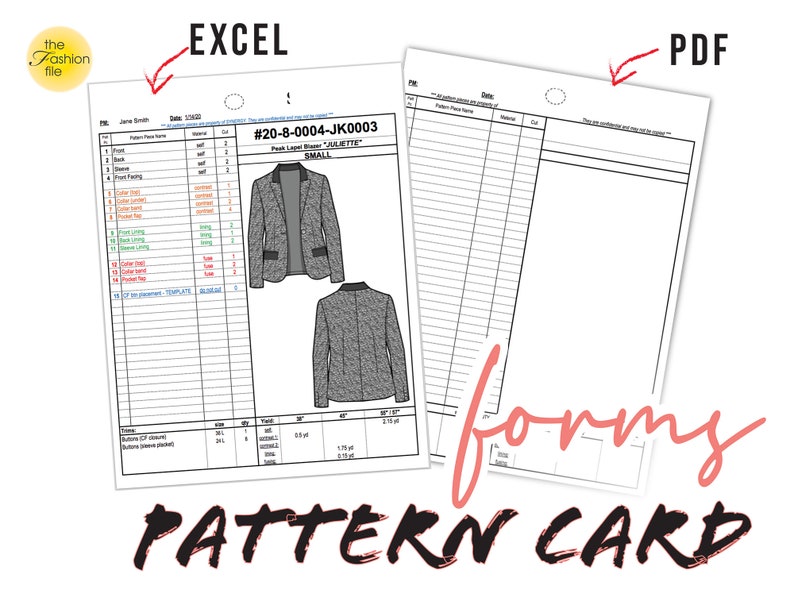 Fashion PATTERN CARD TEMPLATE Excel & blank Pdf forms | Etsy
