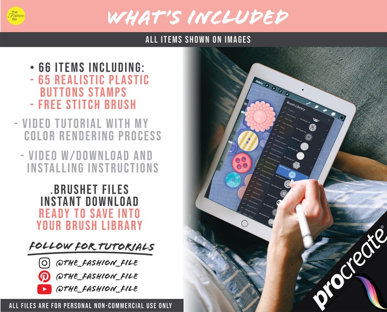 65 PROCREATE FASHION BRUSHES • Realistic Plastic Buttons Stamps + Free ...