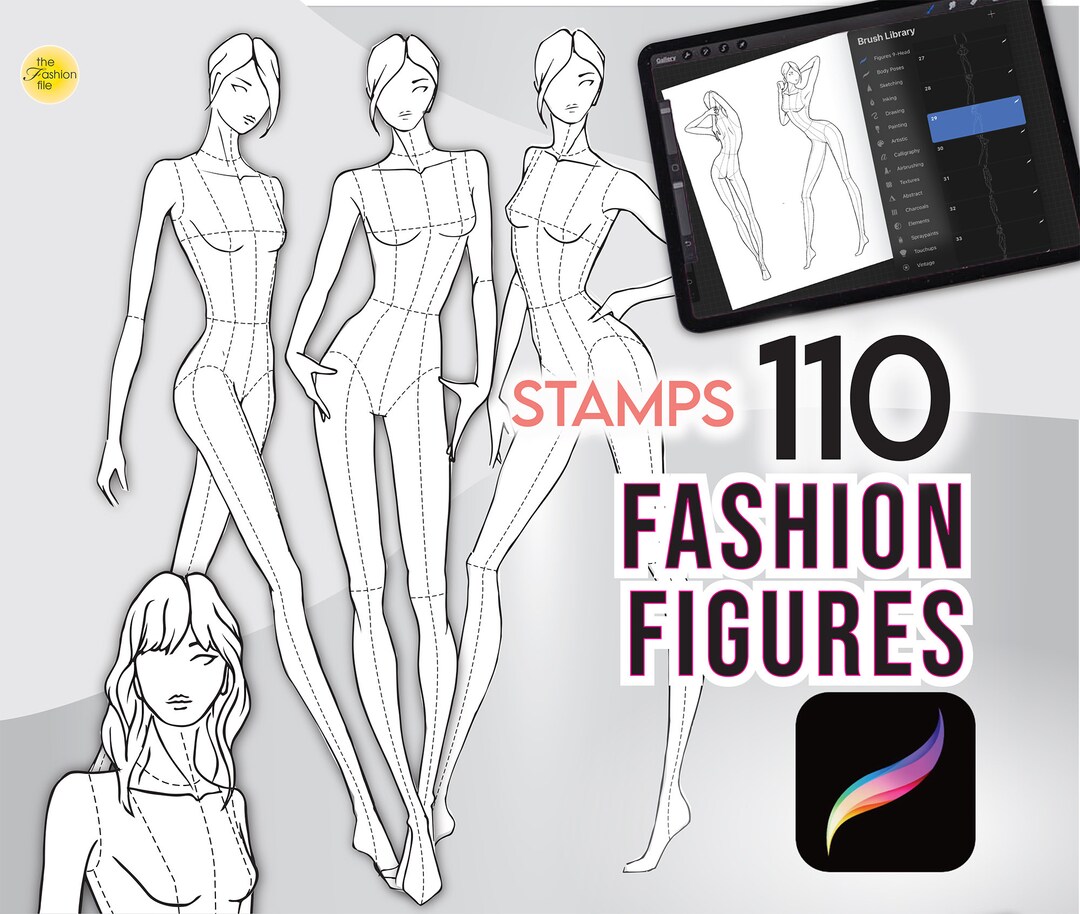 110 PROCREATE FASHION FIGURES Stamps • 9-head Female Body Sketch Pose ...