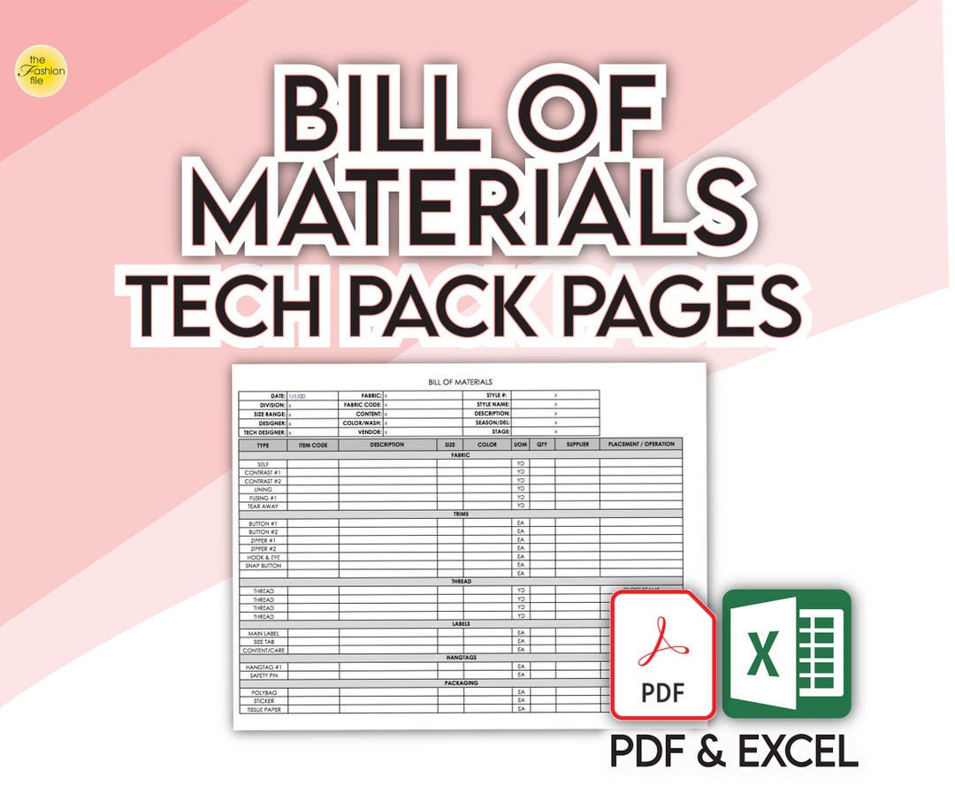 Fashion Tech Pack • BILL of MATERIALS - BOM • Professional Format ...
