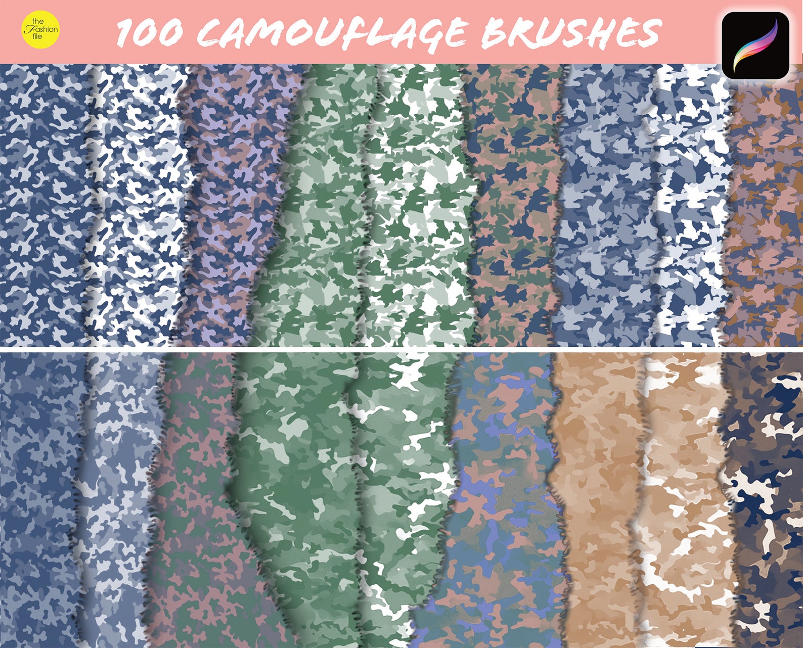 100 PROCREATE CAMOUFLAGE TEXTURES • Procreate Brush Camo Seamless Print ...