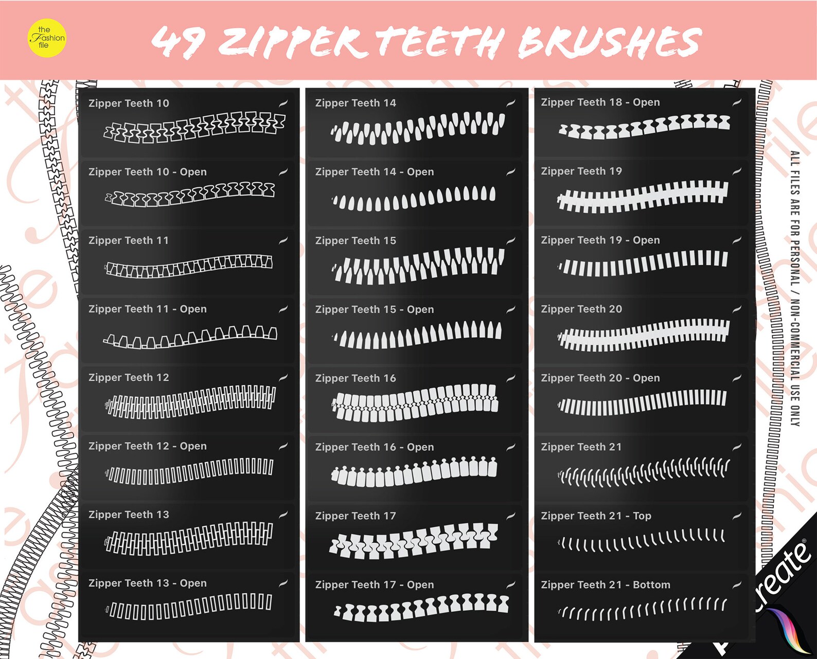 145 PROCREATE FASHION BRUSHES • 96 Zipper Pull Stamps + 49 Zipper Teeth ...