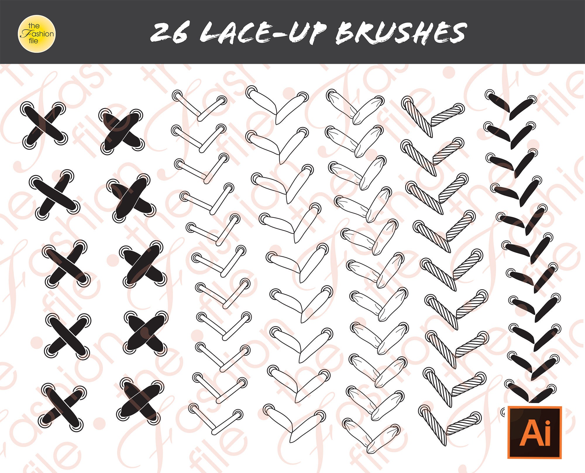 50 LACE-UP Brushes + Bows for Adobe ILLUSTRATOR Fashion Flats • Corset ...