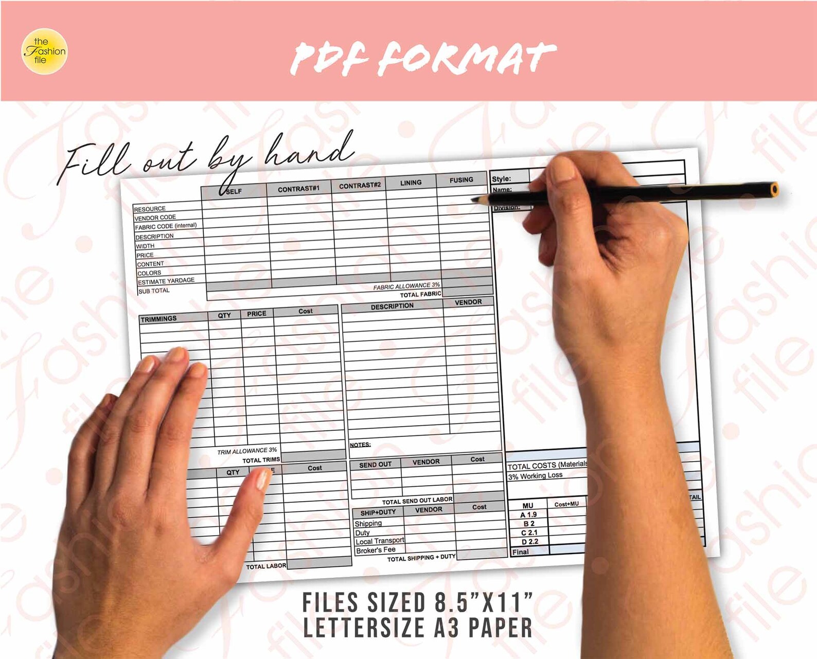 Fashion Design COST SHEET TEMPLATE Form • Formatted for Auto ...