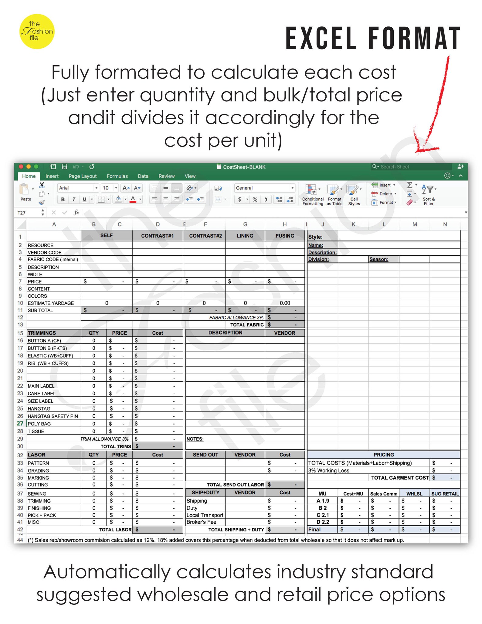 Fashion Design COST SHEET TEMPLATE Form Formatted for Auto | Etsy