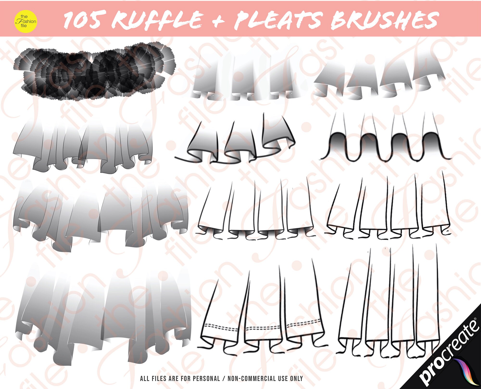 105 PROCREATE RUFFLE BRUSHES • Pleats Shirring Smocking Gathers Frills ...