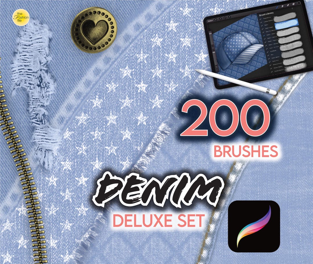 200 PROCREATE DENIM Brush Set • Textures 3D Effects Realistic Buttons ...