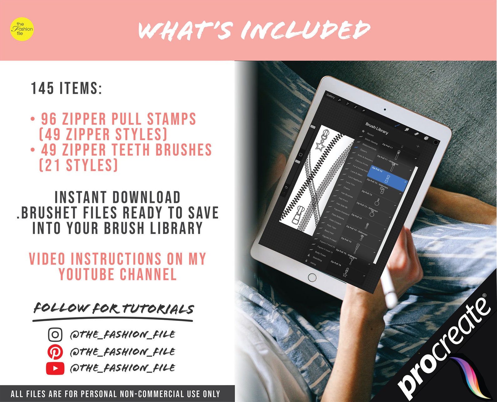 145 PROCREATE FASHION BRUSHES • 96 Zipper Pull Stamps + 49 Zipper Teeth ...