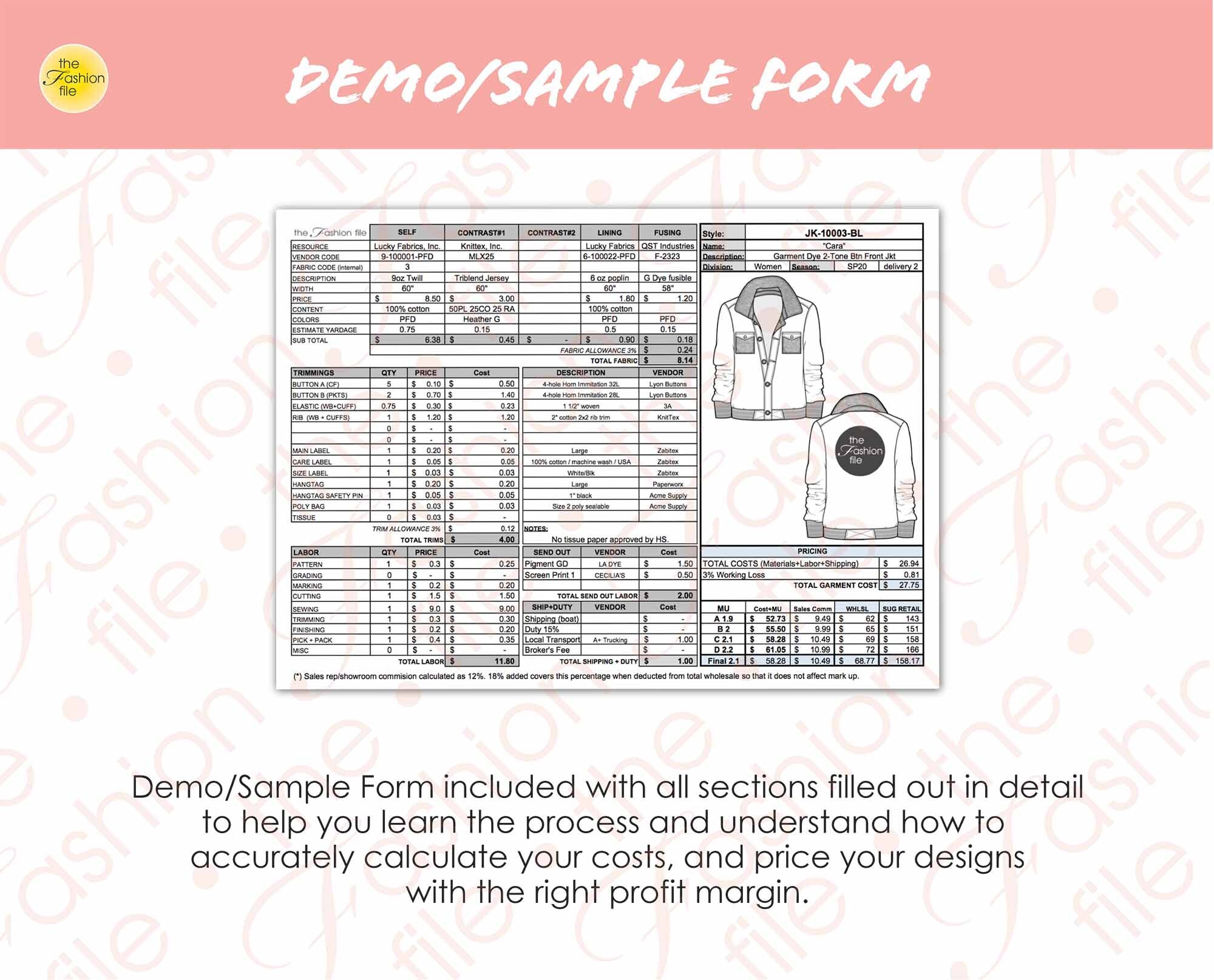 Fashion Design COST SHEET TEMPLATE Form • Formatted for Auto ...