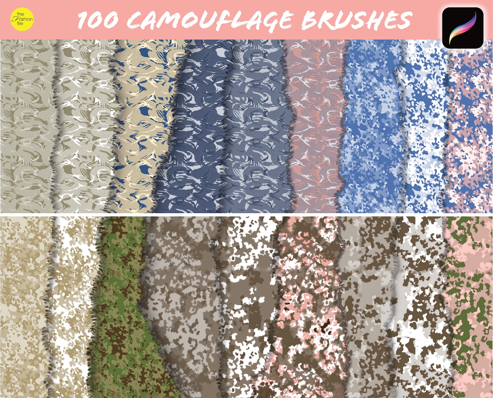 100 PROCREATE CAMOUFLAGE TEXTURES • Procreate Brush Camo Seamless Print ...