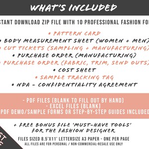 Fashion Designer FORMS TEMPLATES Pack • Cost Sheet, Pattern Card ...