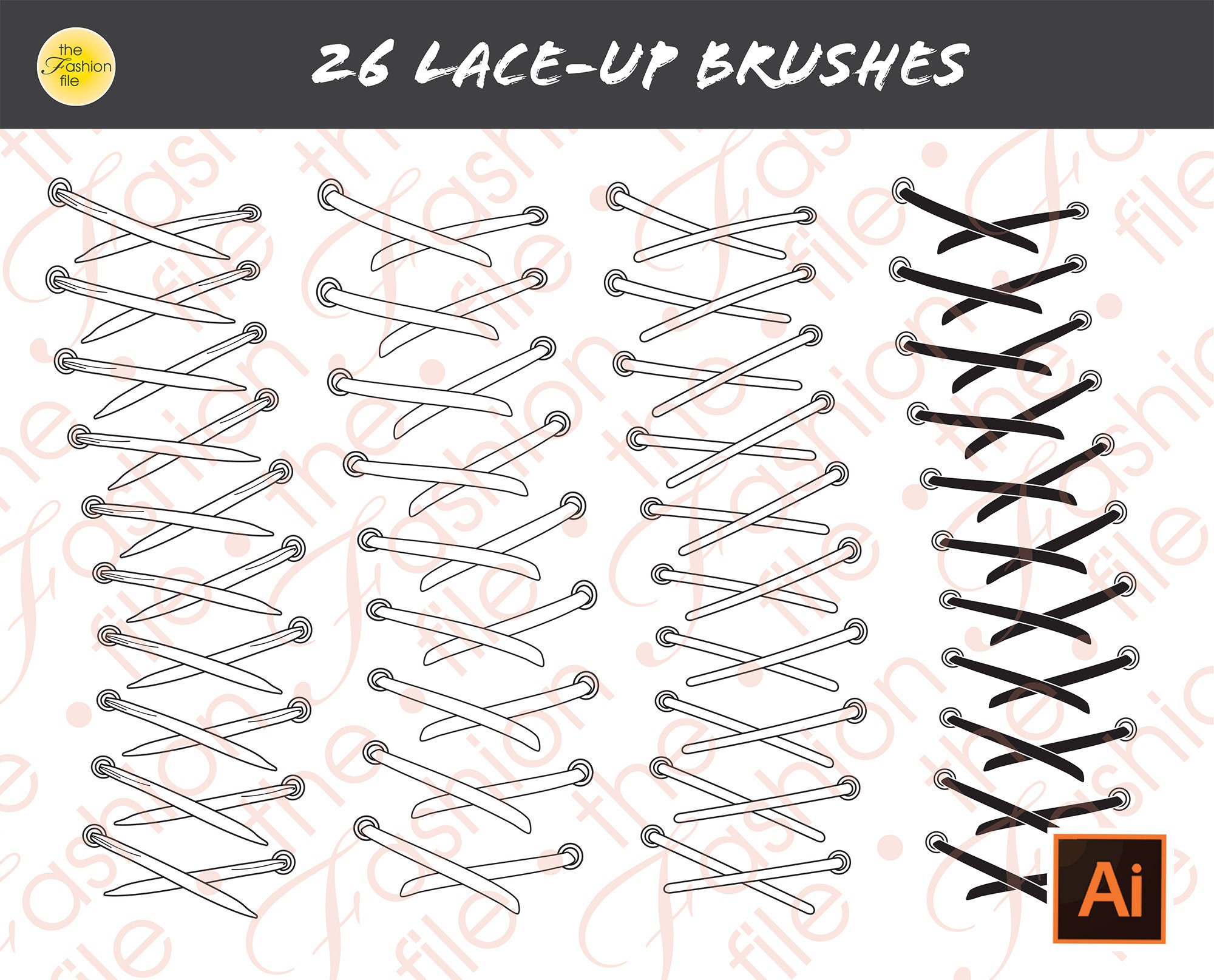 50 LACE-UP Brushes + Bows for Adobe ILLUSTRATOR Fashion Flats • Corset ...