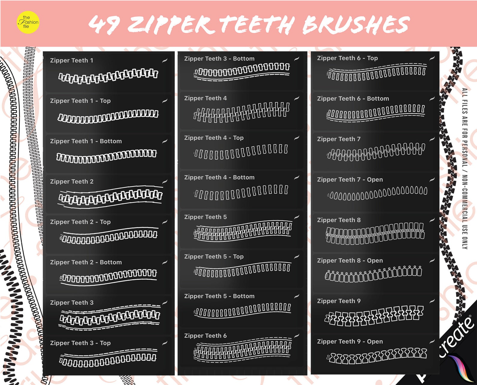 145 PROCREATE FASHION BRUSHES • 96 Zipper Pull Stamps + 49 Zipper Teeth ...