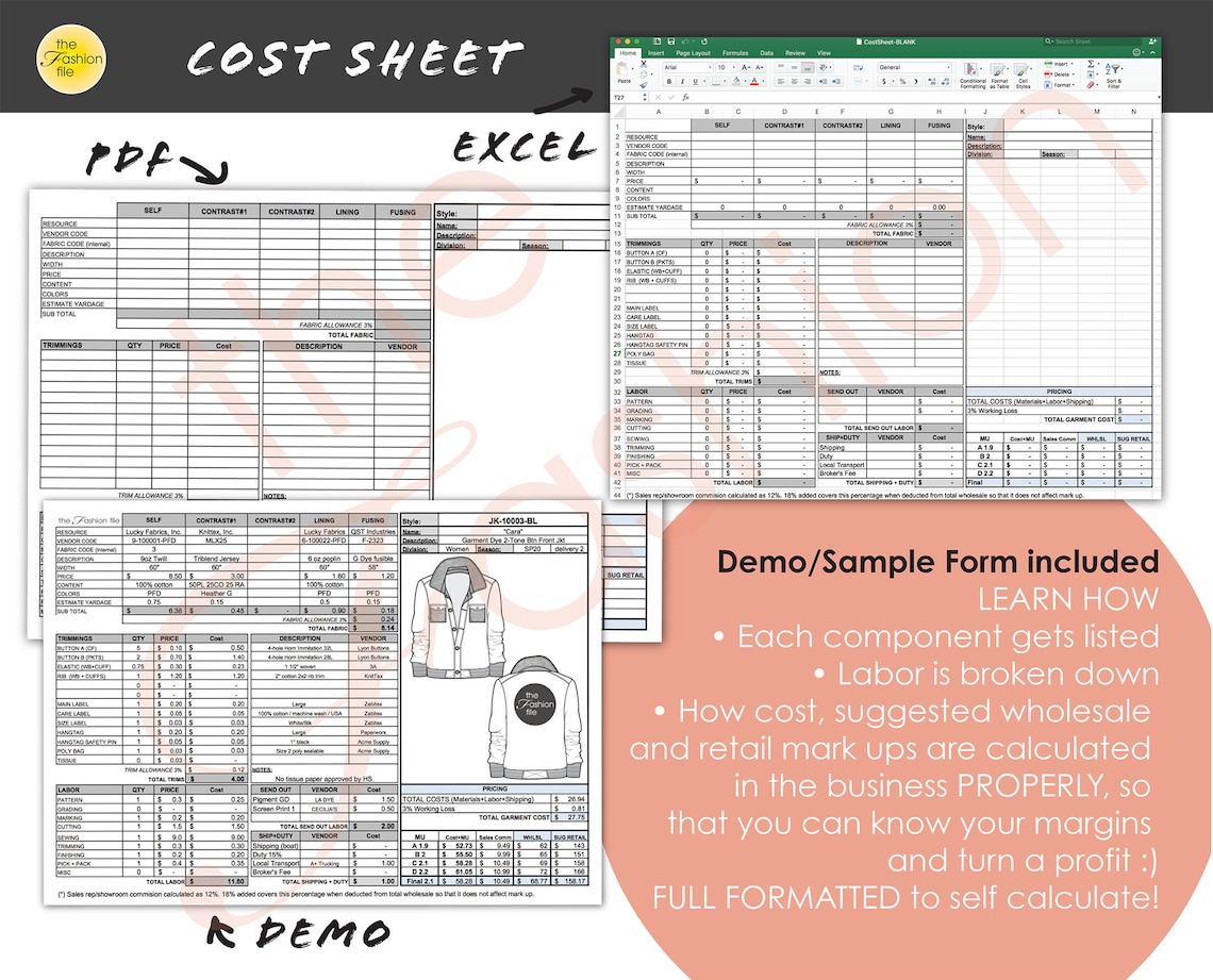 Fashion Designer FORMS TEMPLATES Pack Cost Sheet Pattern - Etsy
