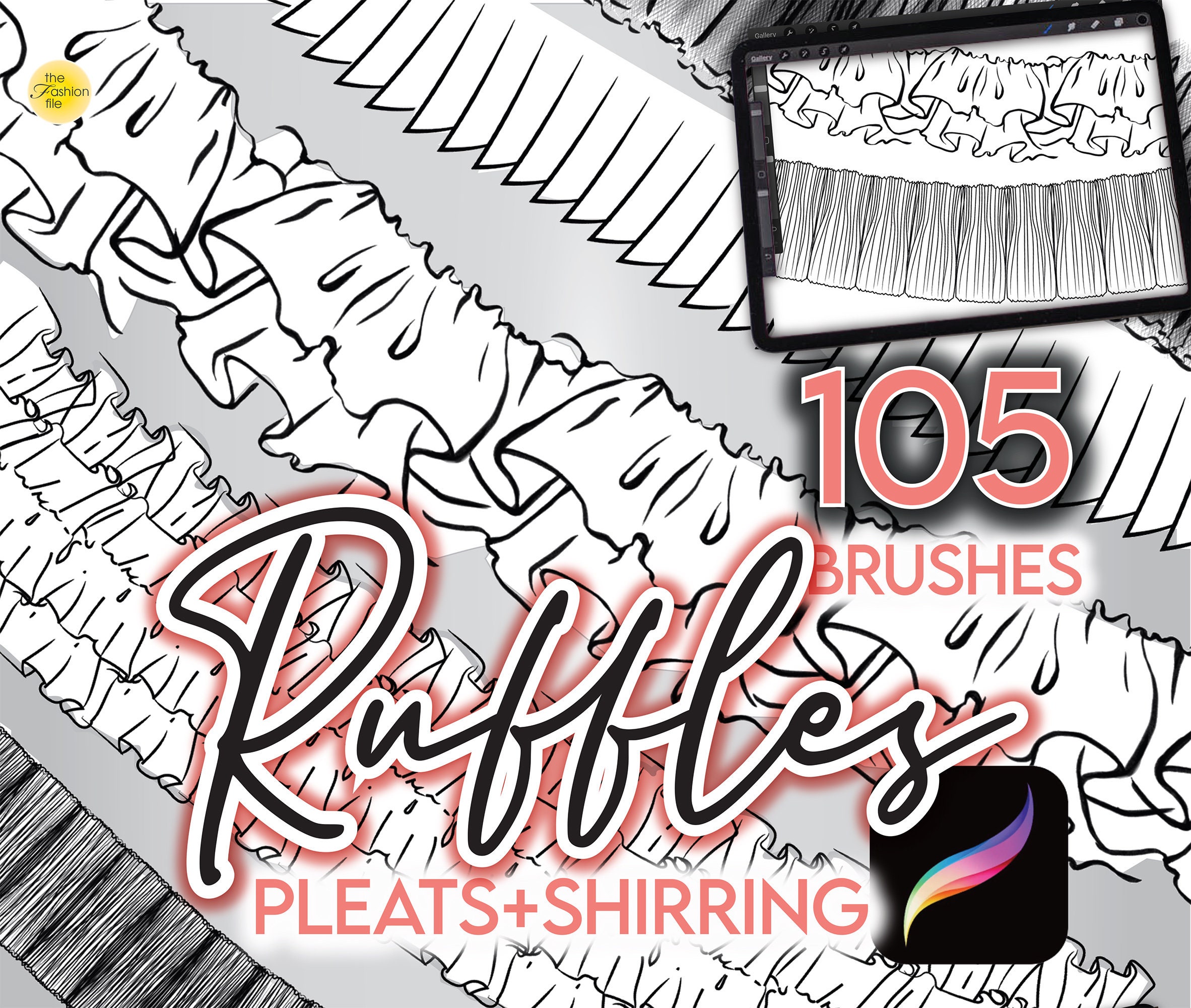 105 PROCREATE RUFFLE BRUSHES • Pleats Shirring Smocking Gathers Frills ...
