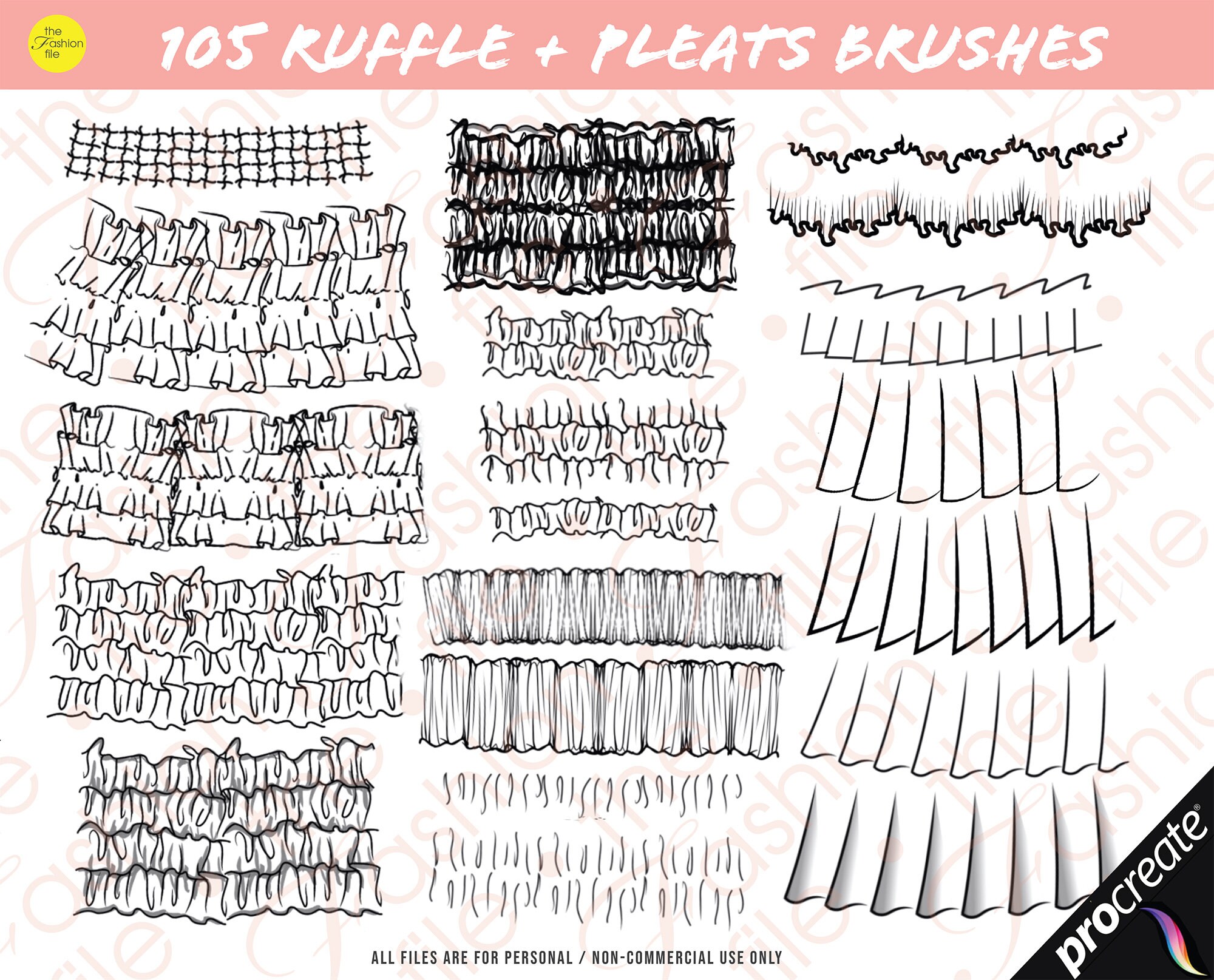 105 PROCREATE RUFFLE BRUSHES • Pleats Shirring Smocking Gathers Frills ...
