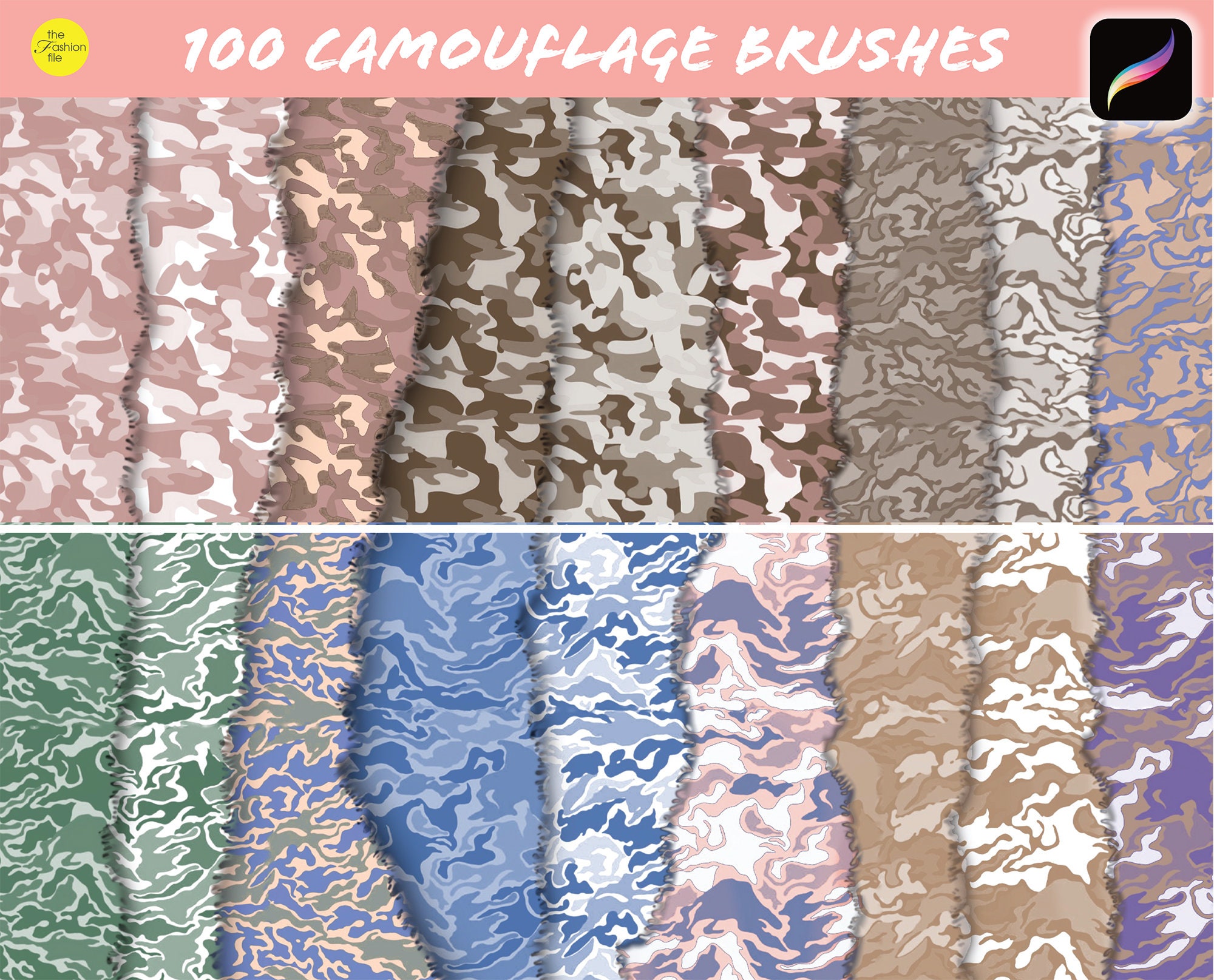 100 PROCREATE CAMOUFLAGE TEXTURES • Procreate Brush Camo Seamless Print ...