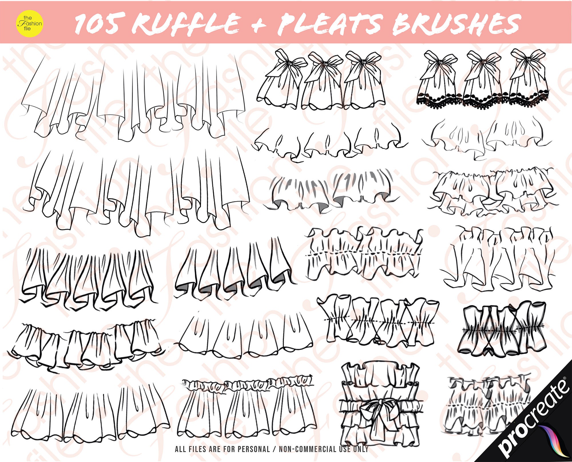 105 PROCREATE RUFFLE BRUSHES • Pleats Shirring Smocking Gathers Frills ...