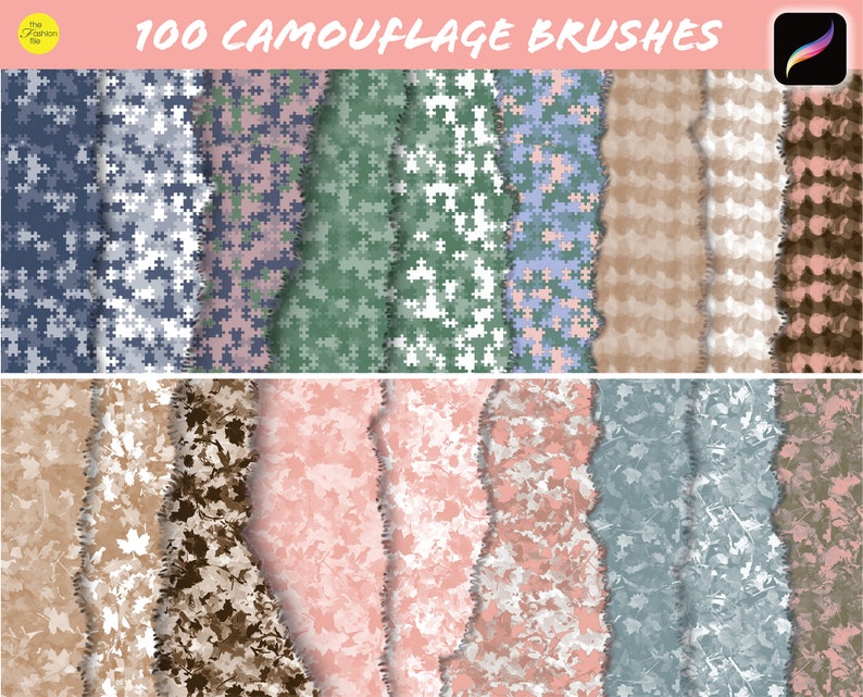 100 PROCREATE CAMOUFLAGE TEXTURES • Procreate Brush Camo Seamless Print ...