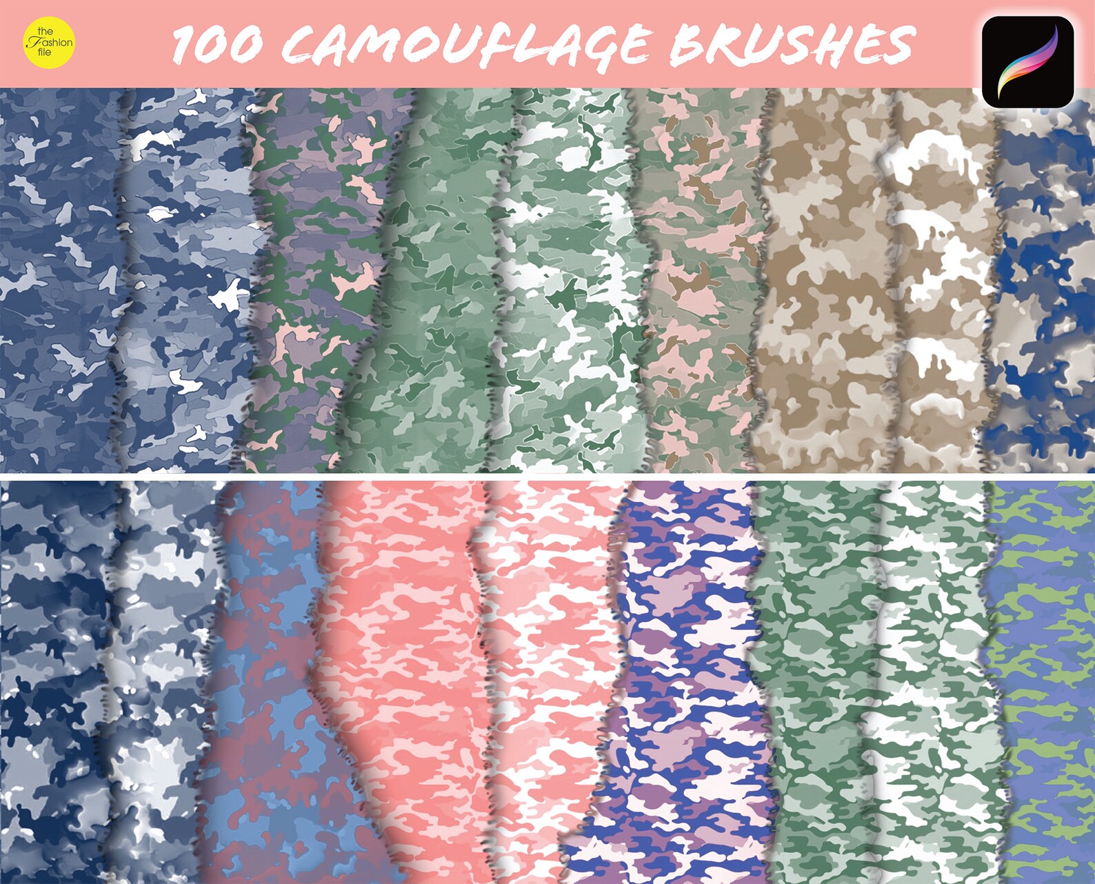 100 PROCREATE CAMOUFLAGE TEXTURES • Procreate Brush Camo Seamless Print ...