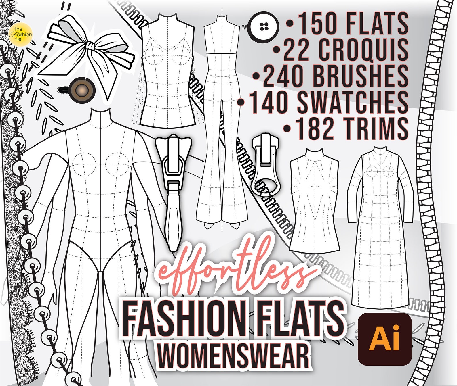 FASHION FLATS TEMPLATES for Tech Packs Bundle • Adobe Illustrator • 22 ...