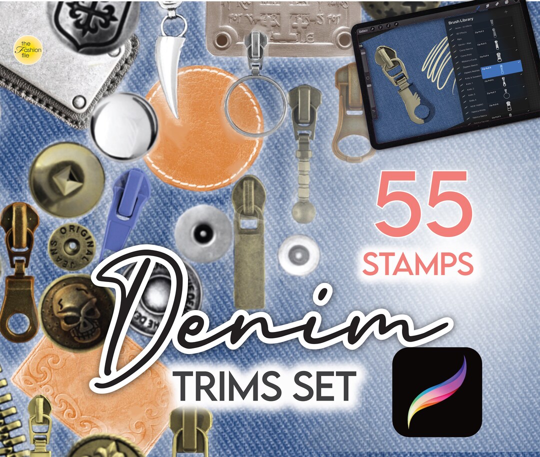 55 PROCREATE DENIM TRIMS Stamp Set • Realistic Procreate Buttons Rivets ...