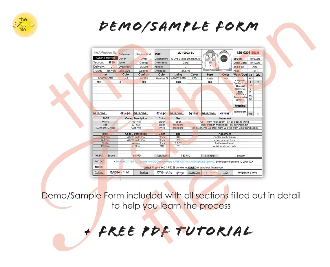 Fashion Design SAMPLE CUT TICKET Form Formatted for Auto - Etsy