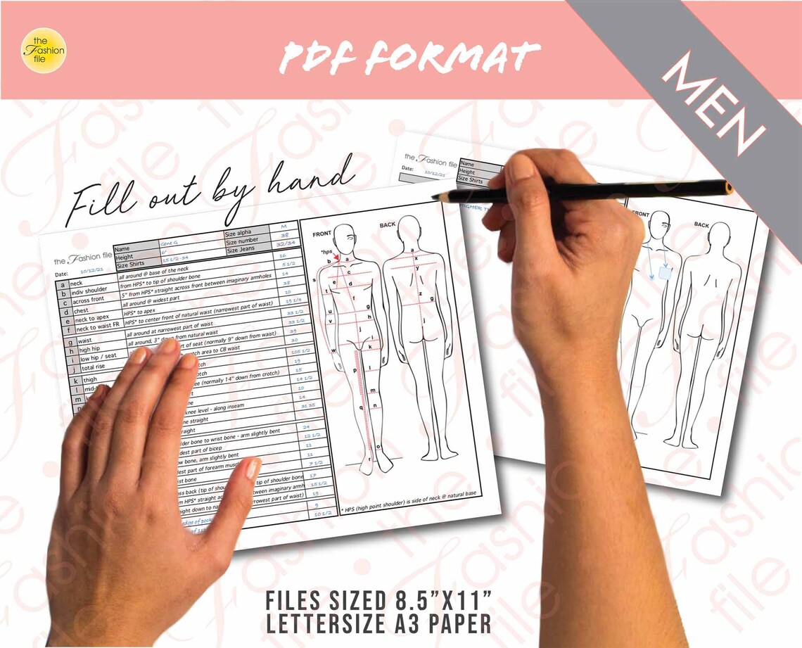 Fashion Template Men's BODY MEASUREMENT Sheet • Sewing Measurement ...