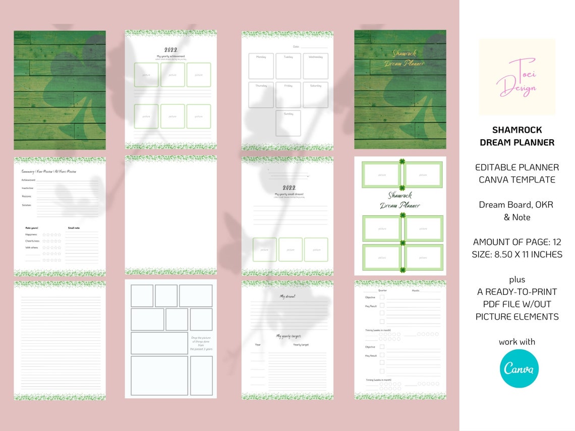 Shamrock Dream Planner Canva Template | Goal Planner, Editable Planner ...