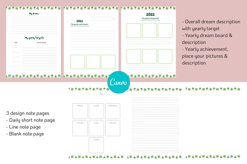 Clover Dream Planner Canva Template | Goal Planner, Editable Planner ...