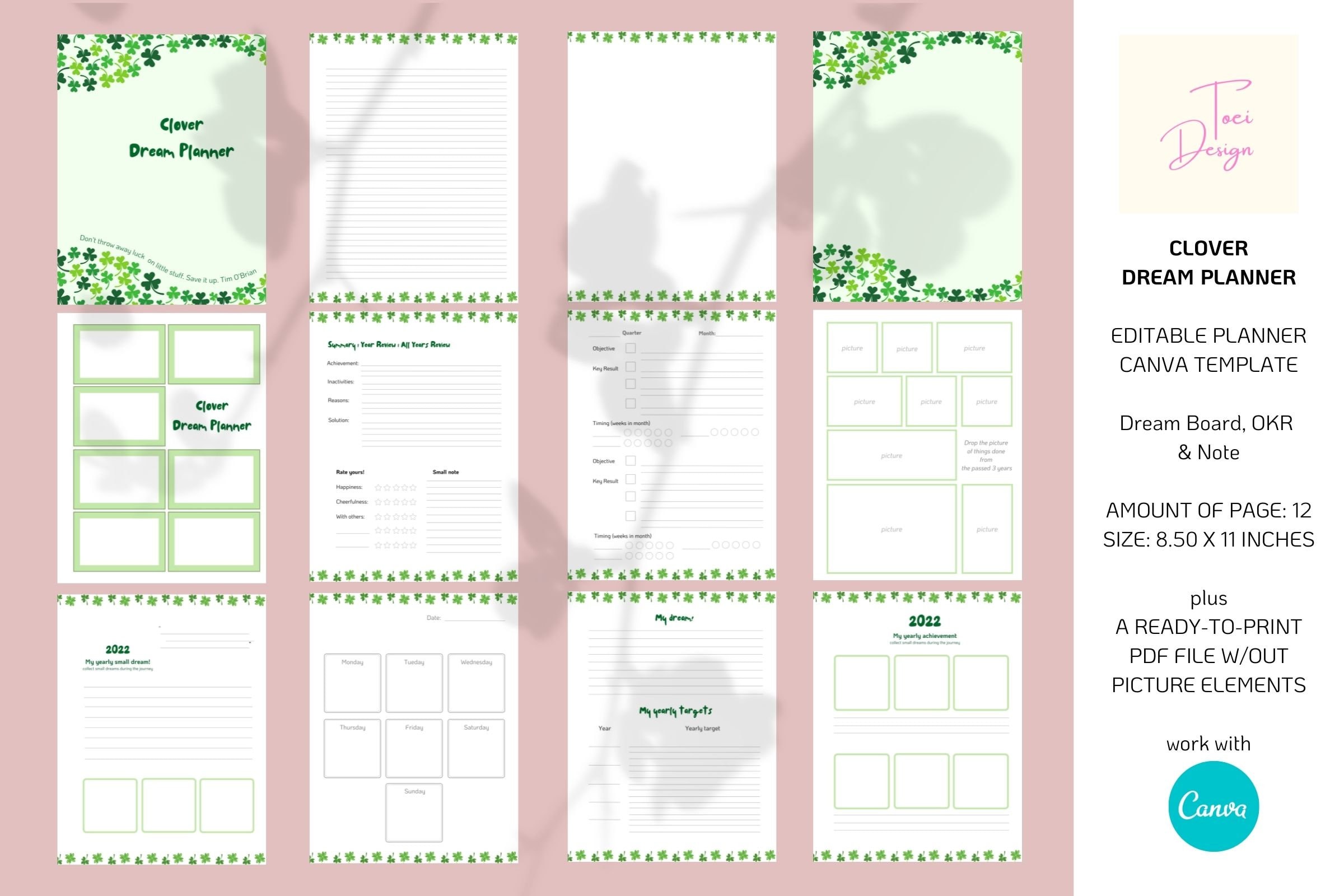 Clover Dream Planner Canva Template | Goal Planner, Editable Planner ...