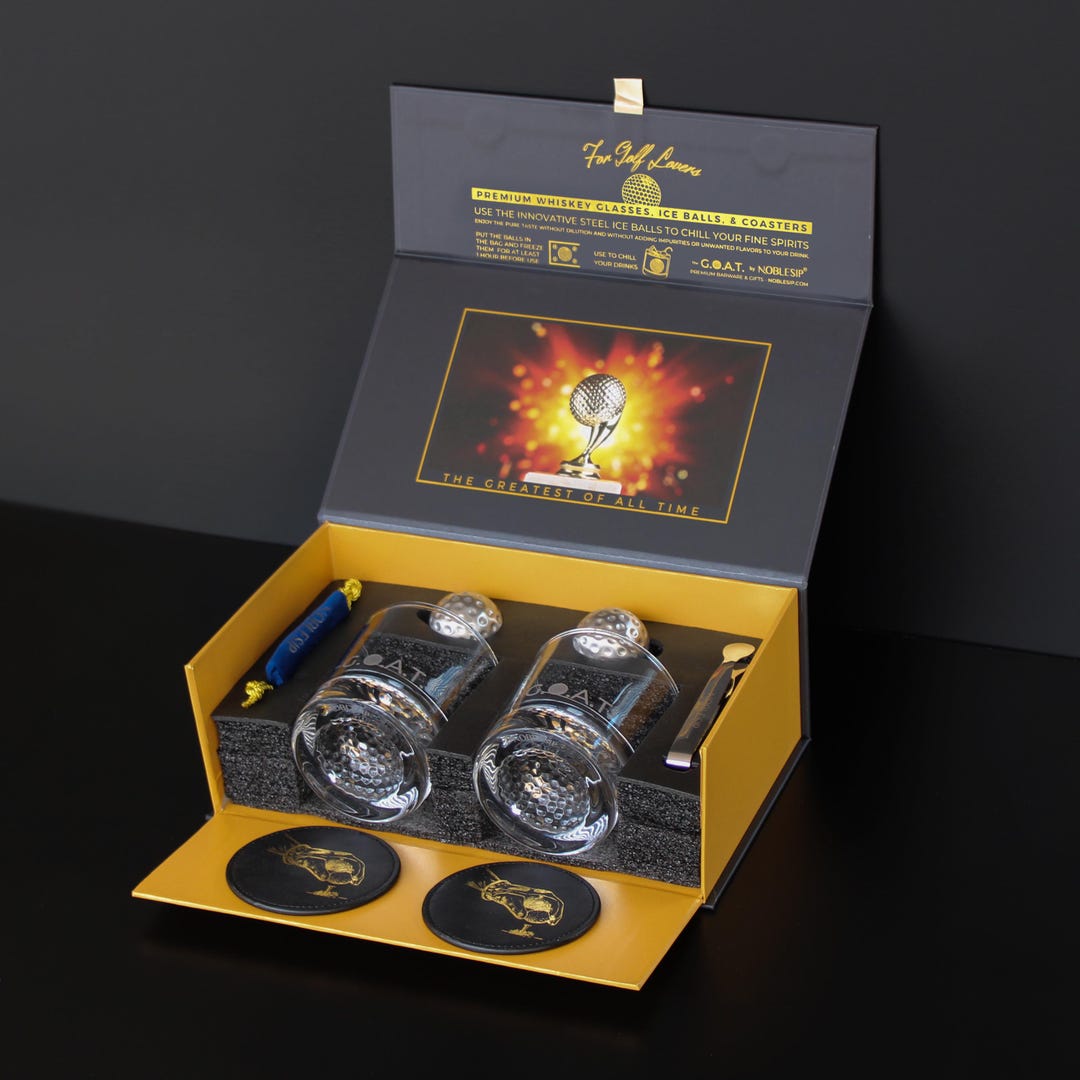 Whiskey GOLF Glasses PREMIUM Set, Steel Ice Balls, and Coasters ...