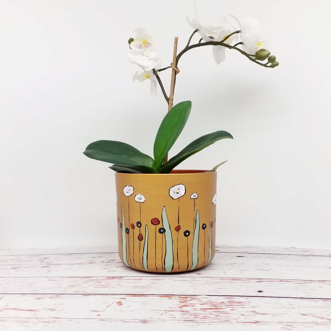 Hand-painted Golden Flower Pot: Recycled Plastic Wildflower Planter - Etsy