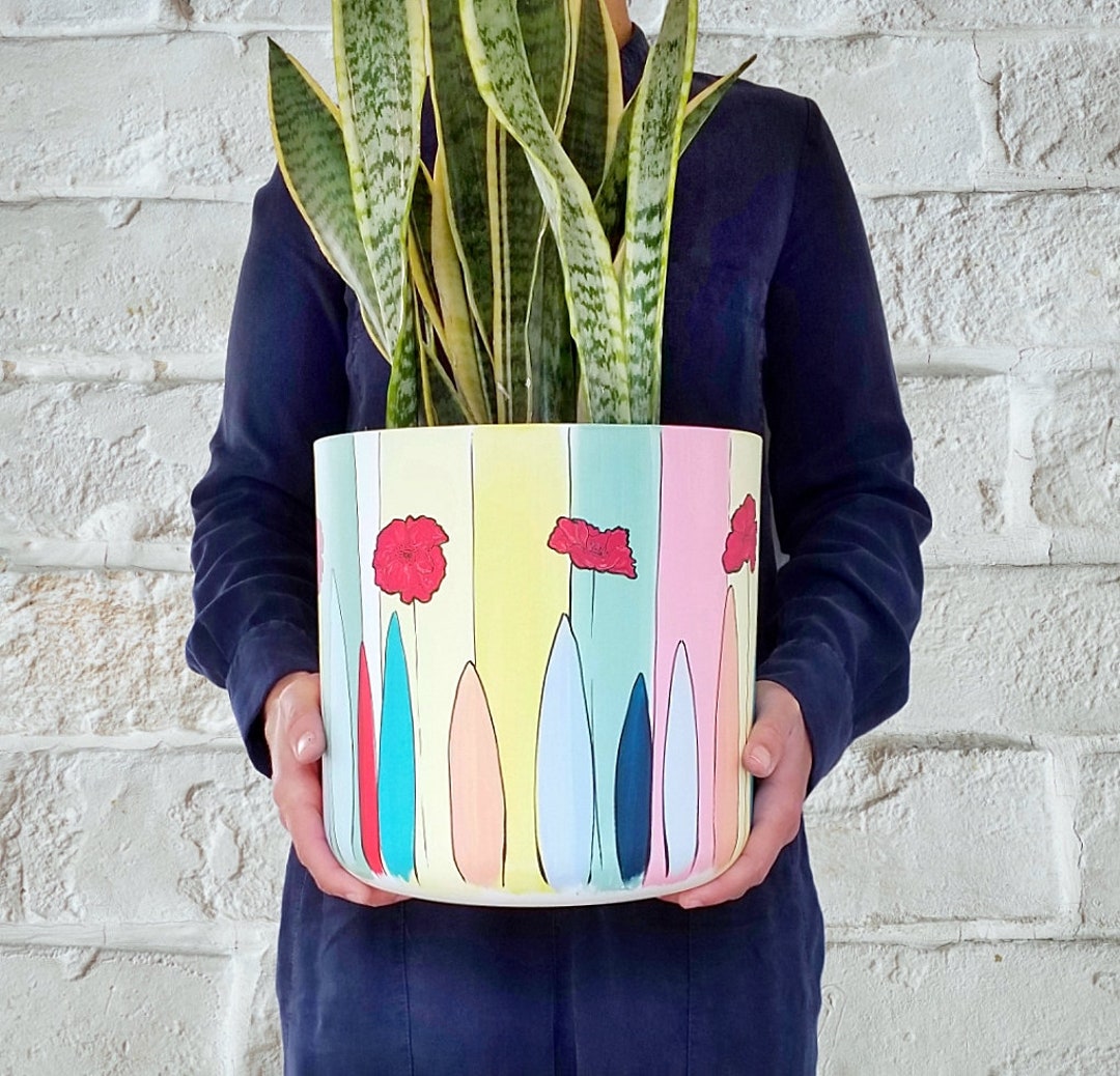 Hand-painted Poppy Planter: Large Recycled Plastic Pot, Indoor & Porch ...