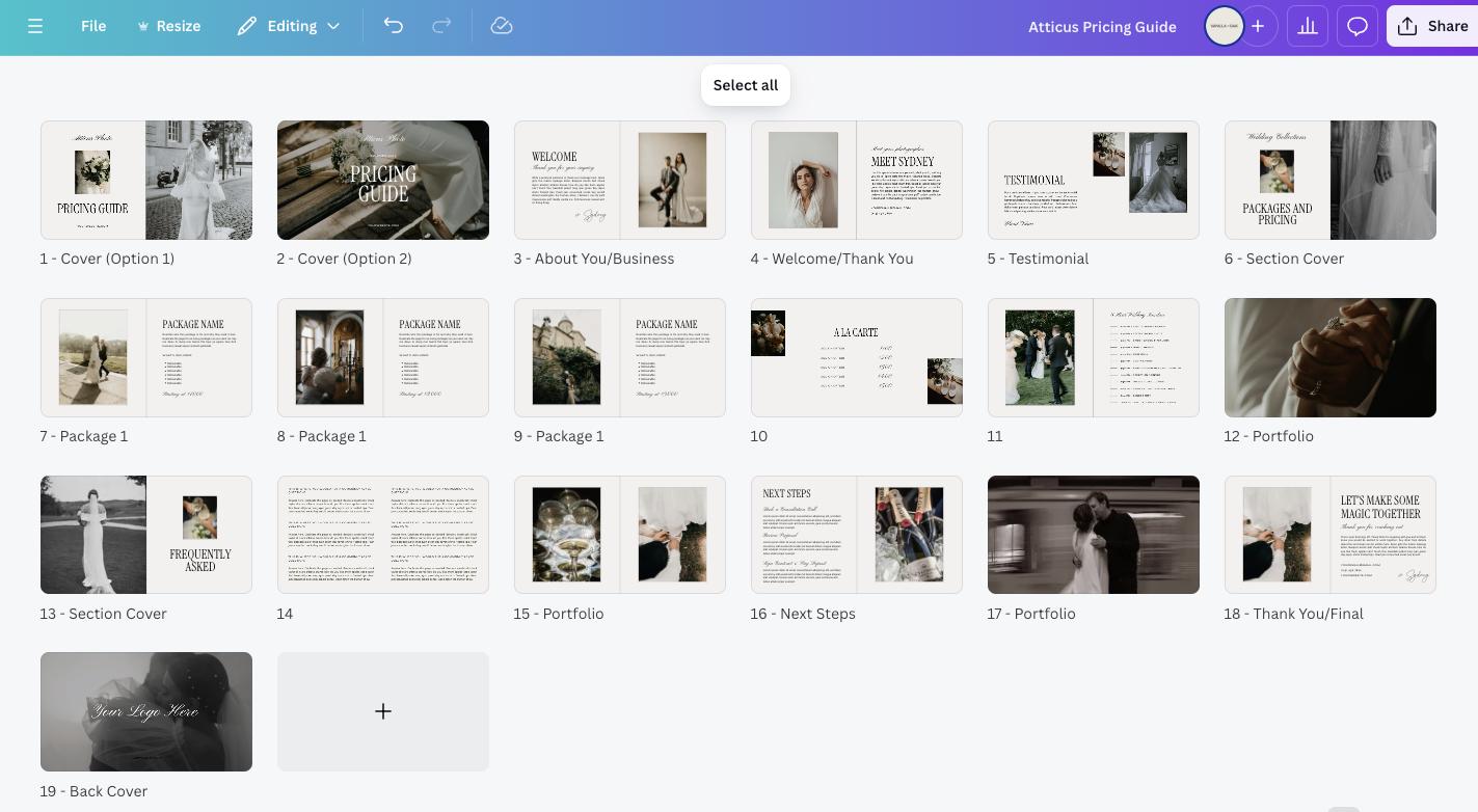 Atticus | Pricing Guide Canva Template for Wedding Photographers - Etsy