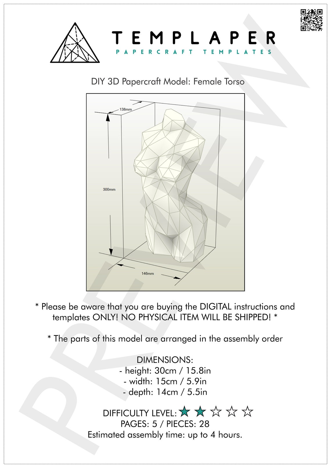 DIY 3D Female Torso Paper Model Low Poly Sculpture DIY Paper | Etsy UK