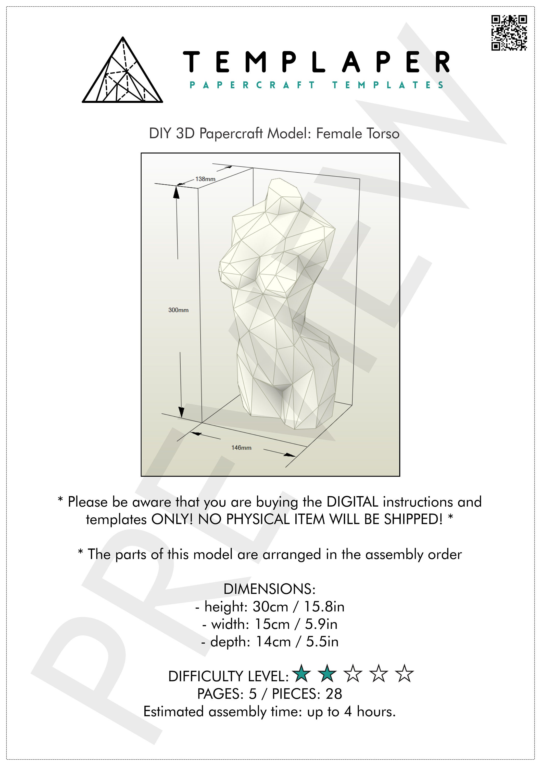 DIY 3D Female Torso Paper Model Low Poly Sculpture DIY Paper - Etsy UK