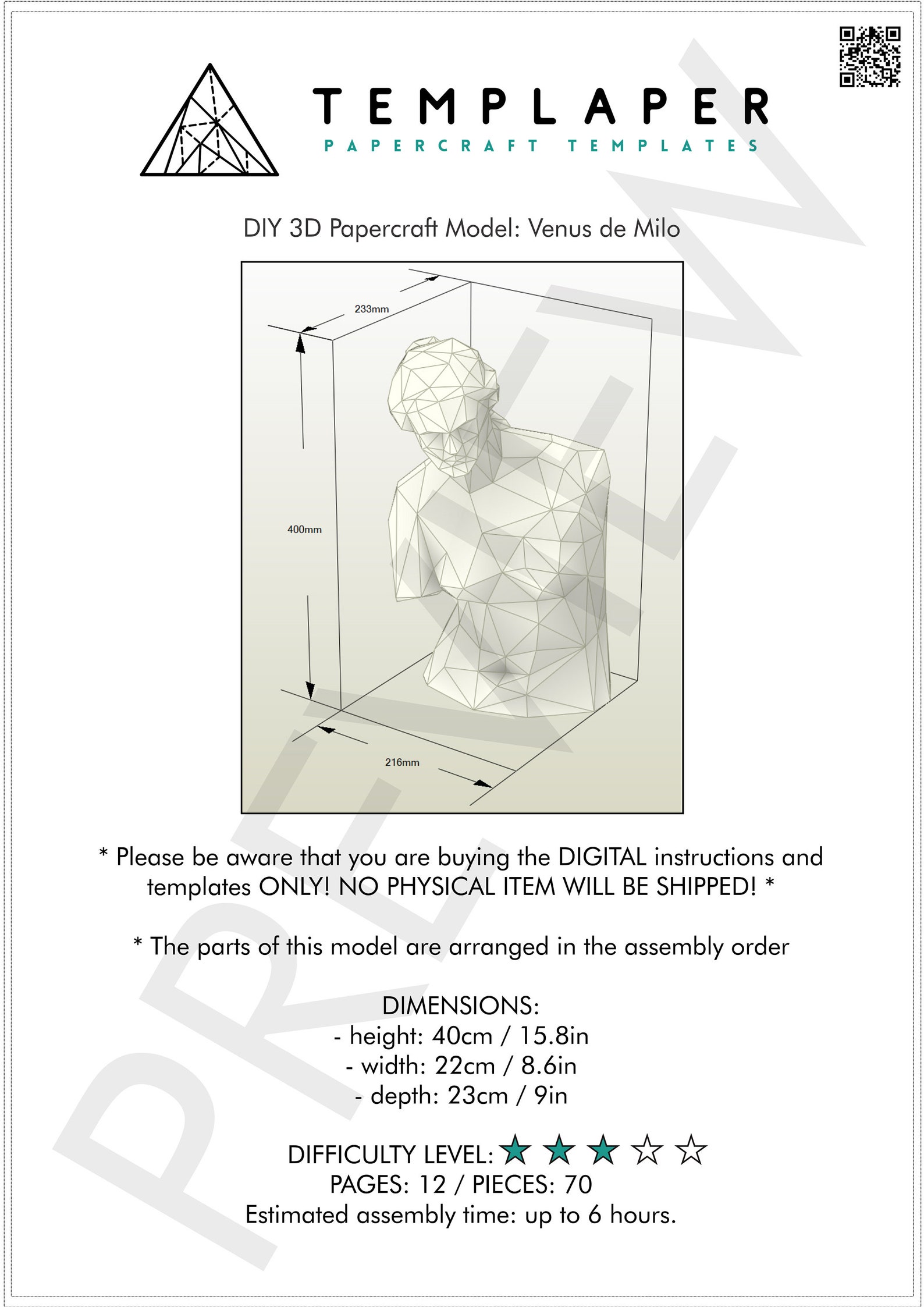 DIY 3D Venus De Milo Paper Model, Low Poly Sculpture, Do It Yourself ...