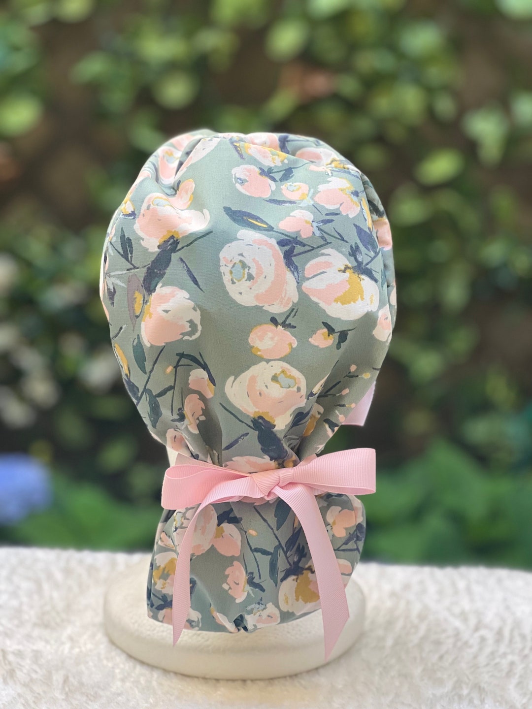 Pink Roses Ponytail Scrub Cap, Satin Lined Scrub Cap, Surgical Cap for ...