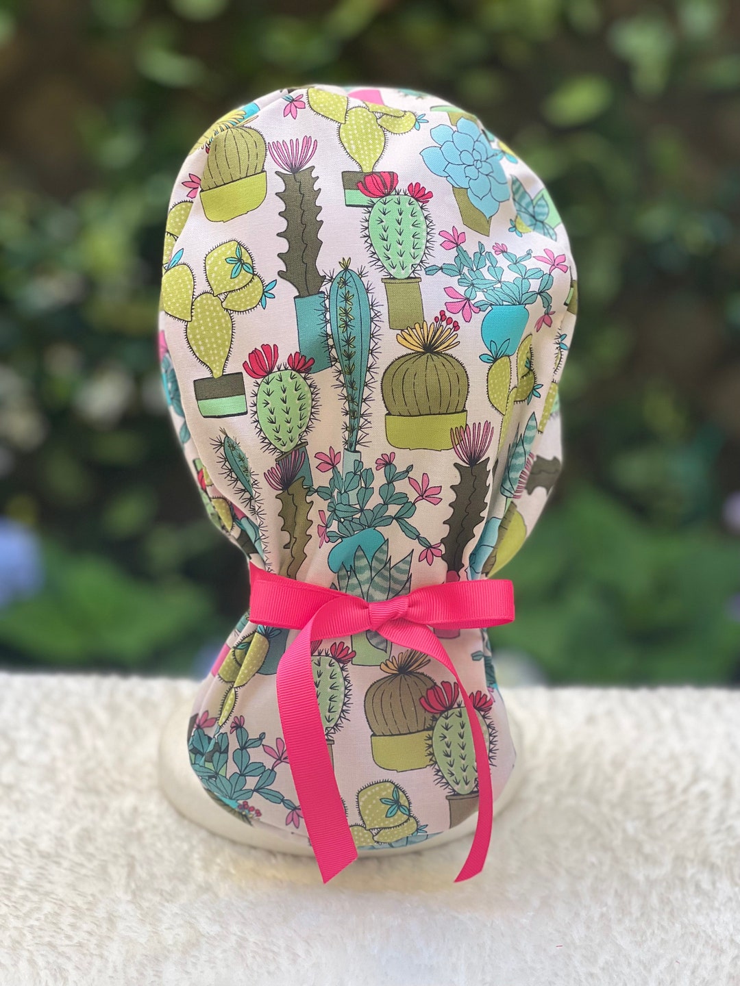 Succulents Ponytail Scrub Cap, Satin Lined Scrub Cap, Surgical Cap for ...