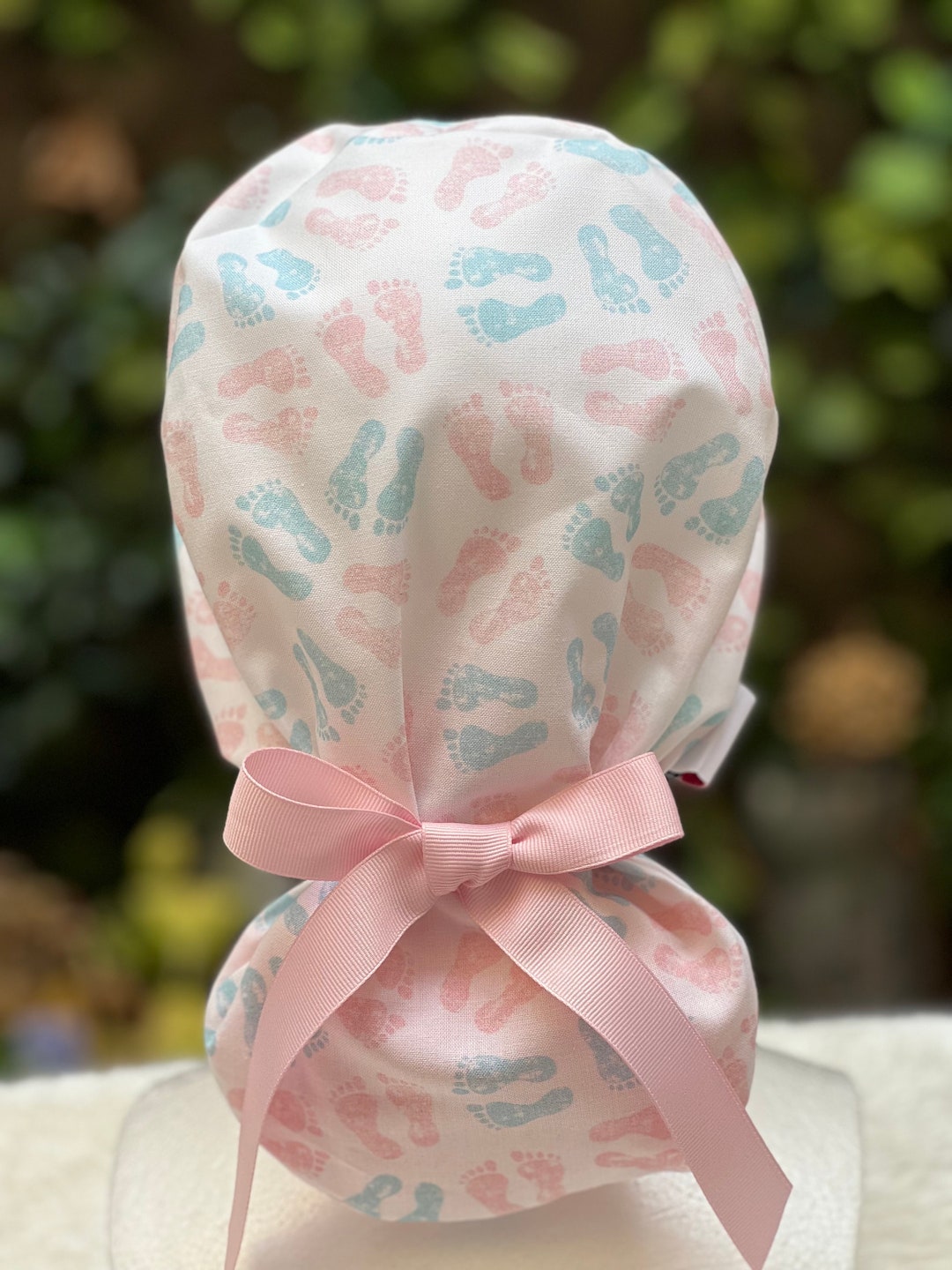 Baby Footprint Scrub Cap: Cotton Ponytail Style, Satin Lined - Etsy