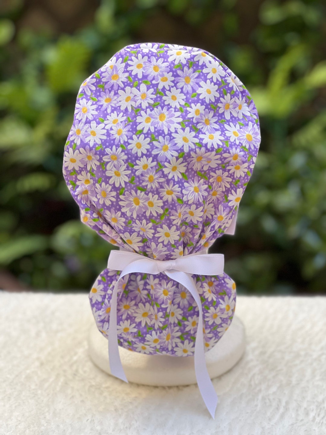 Purple Daisy Ponytail Scrub Cap, Satin Lined Scrub Cap, Surgical Cap ...