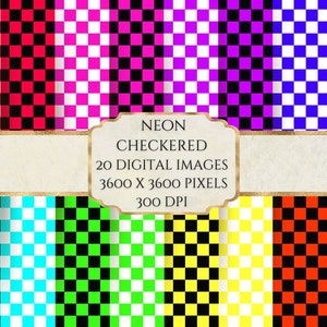 Neon Checkered Digital Paper, Neon Check Pattern, Printable Scrapbook ...