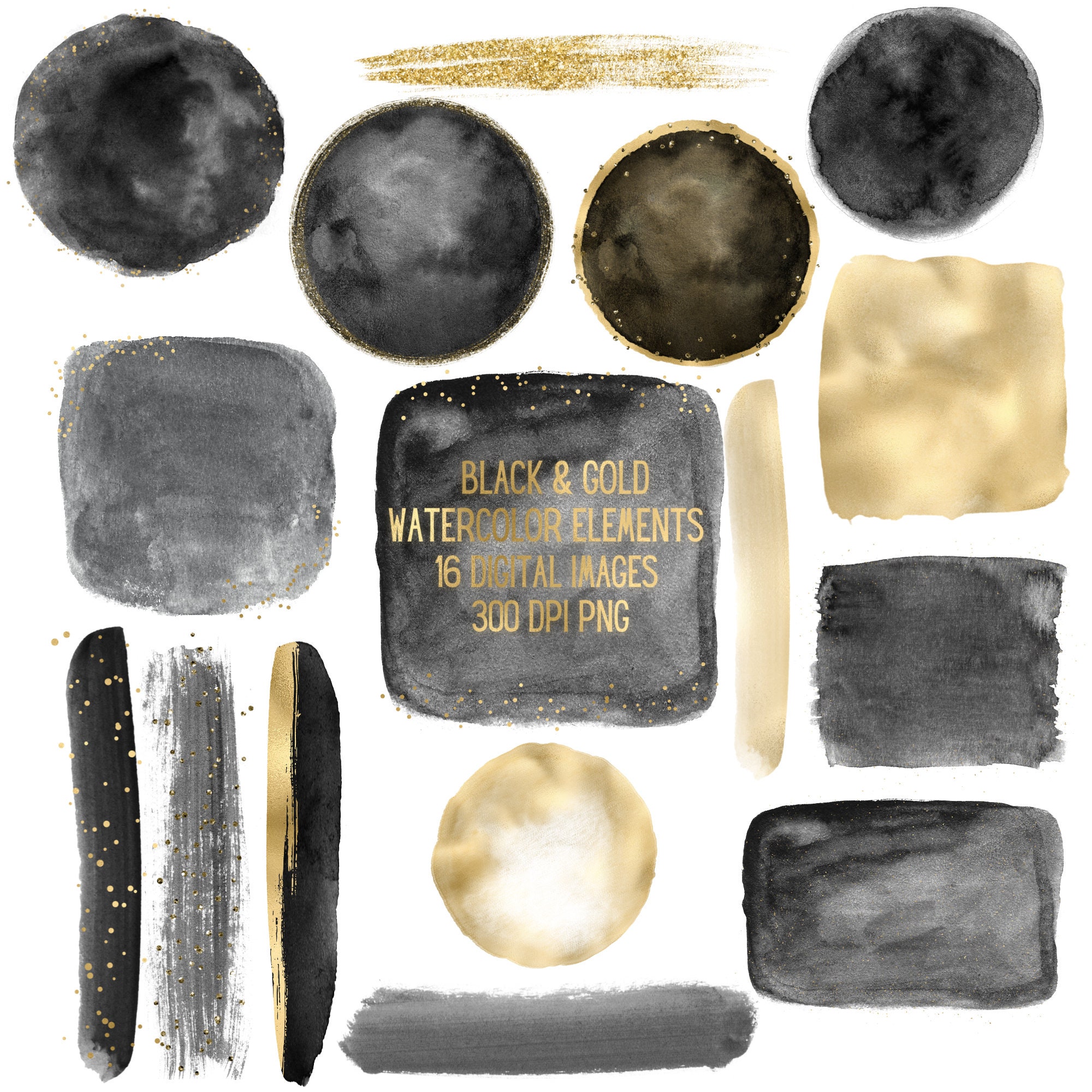 Black and Gold Watercolor Elements Watercolor Clipart - Etsy