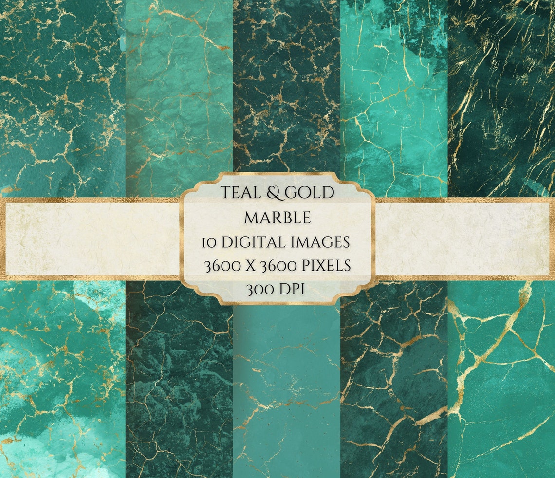 Teal & Gold Marble Digital Paper Gold Marble Stone | Etsy